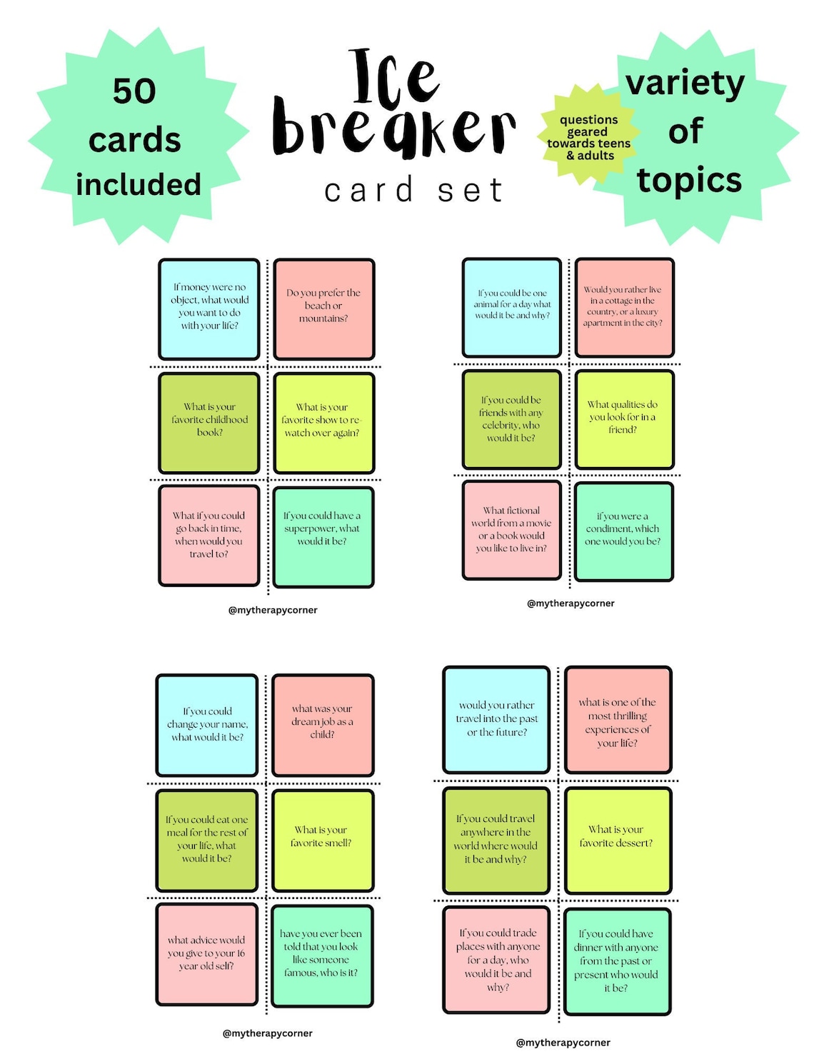 Ice Breaker Question- Set of 50 Cards, Group Therapy Tools, Fun ...