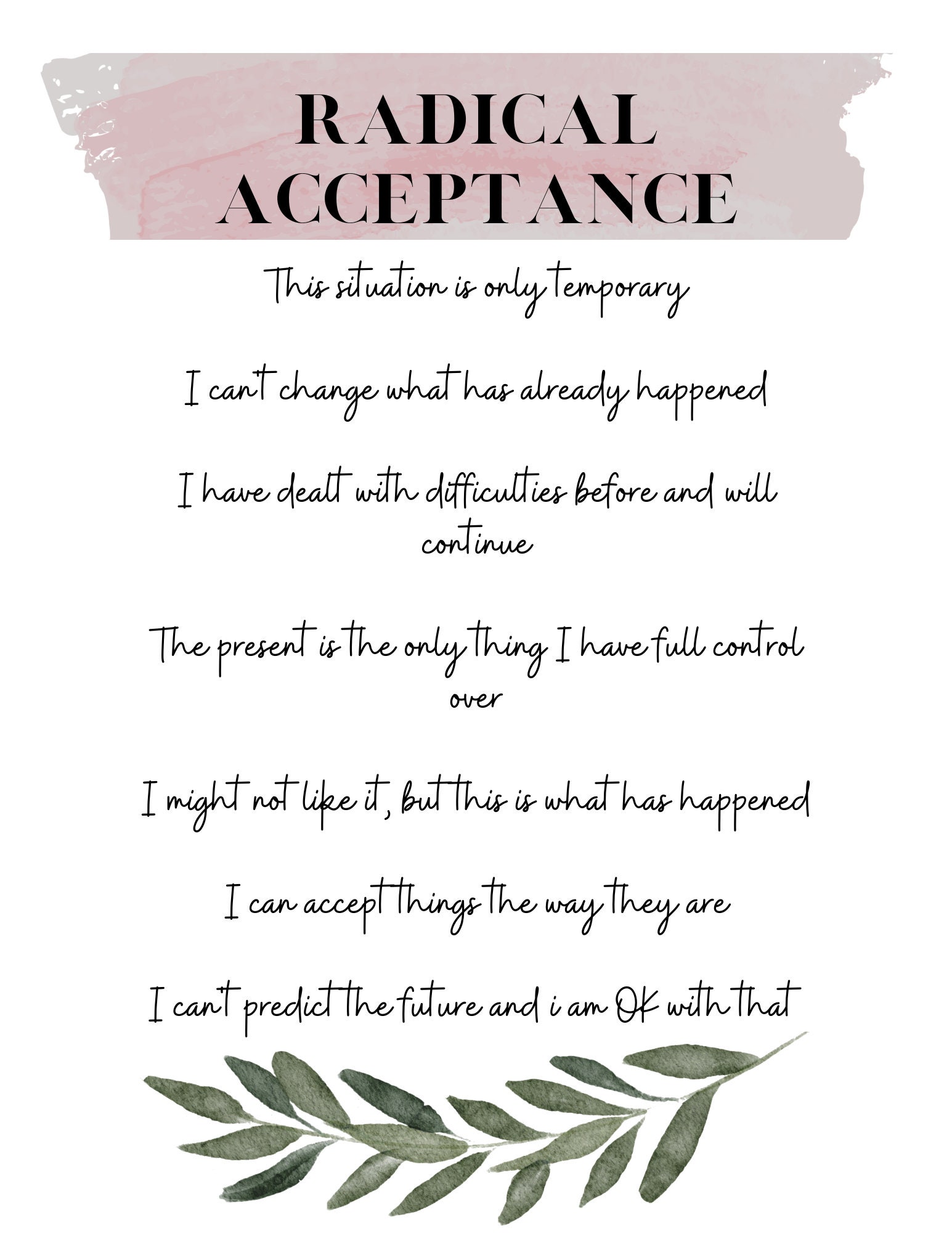 DBT Radical Acceptance Empowering Phrases Poster, DBT, Therapy Tools ...
