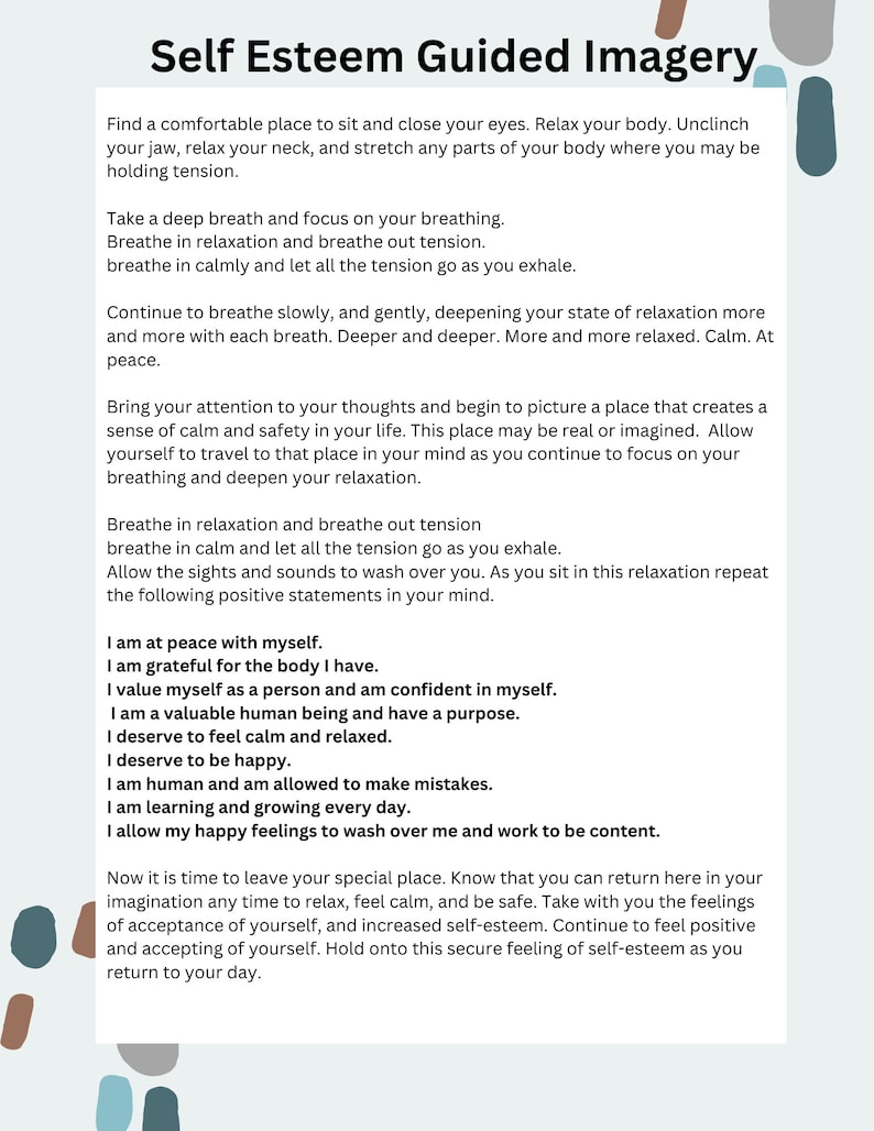 Self-esteem Guided Imagery Script, Relaxation Worksheets (printable) - Etsy