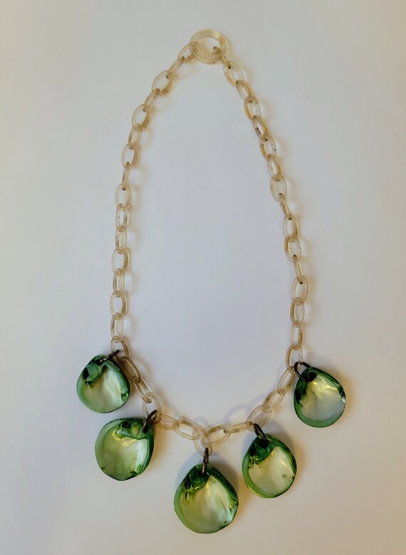 1930's Clear Celluloid and Green Shell Necklace - Gem