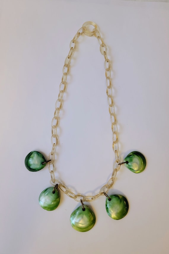 1930's Clear Celluloid and Green Shell Necklace - Gem