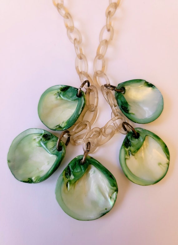 1930's Clear Celluloid and Green Shell Necklace - Gem