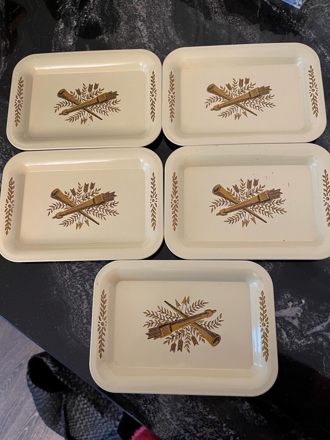 Vintage MCM Tip Tray Catch All - Metal Cream Tray W. Gold Horn, Arrows ...