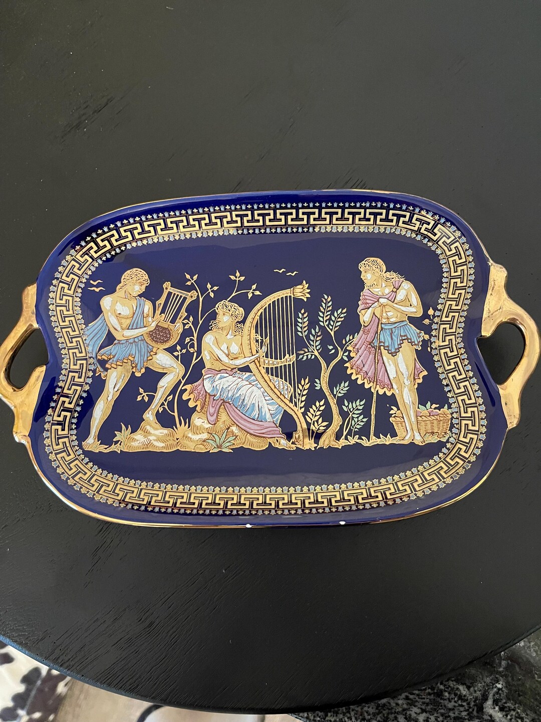 Vintage Cobalt Blue 24k Gold Tray - Greek Theme W. Harps - Etsy
