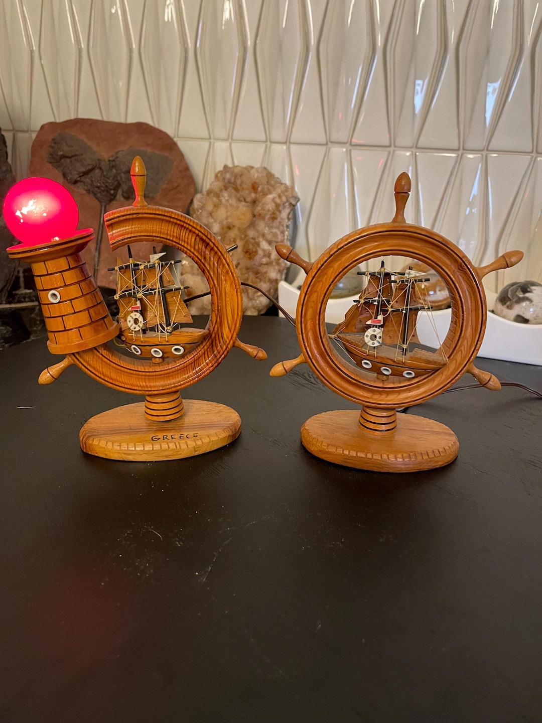 Vintage Maritime Greek Ship Wheel and Lighthouse Lamp Pair - Etsy