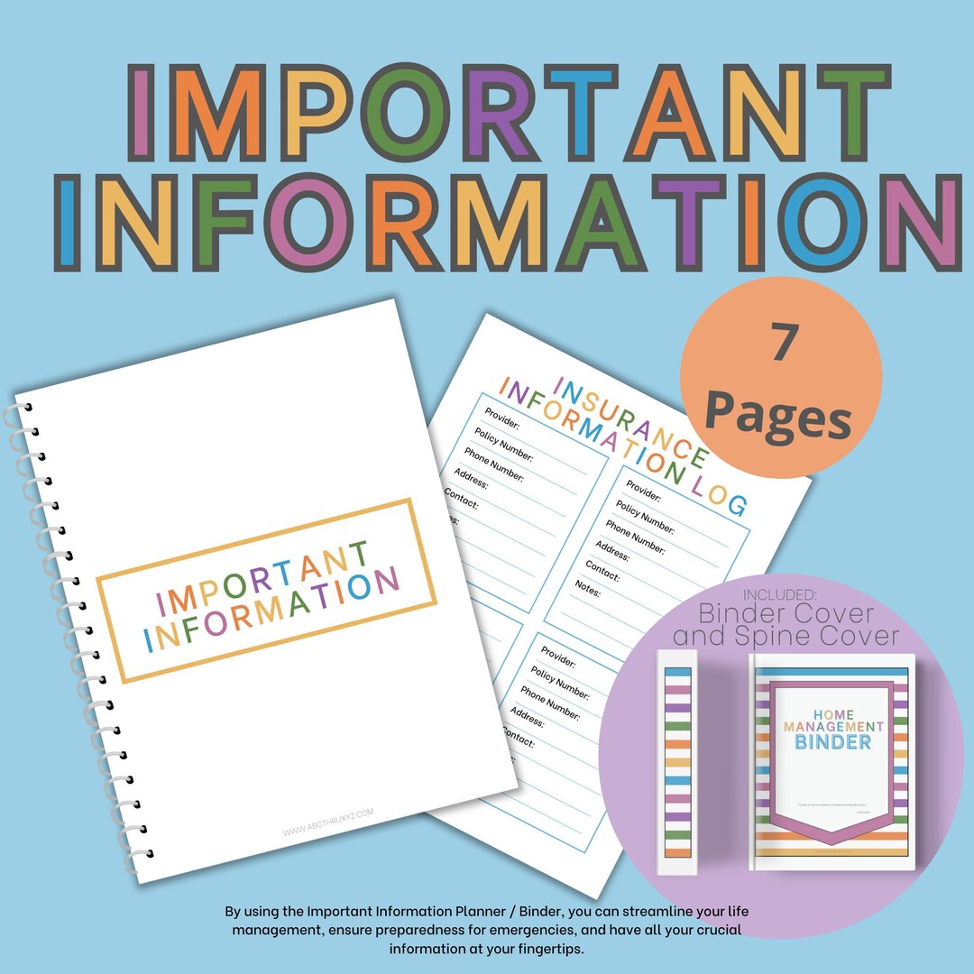 Important Information Binder/planner Home Management Binder Printable ...