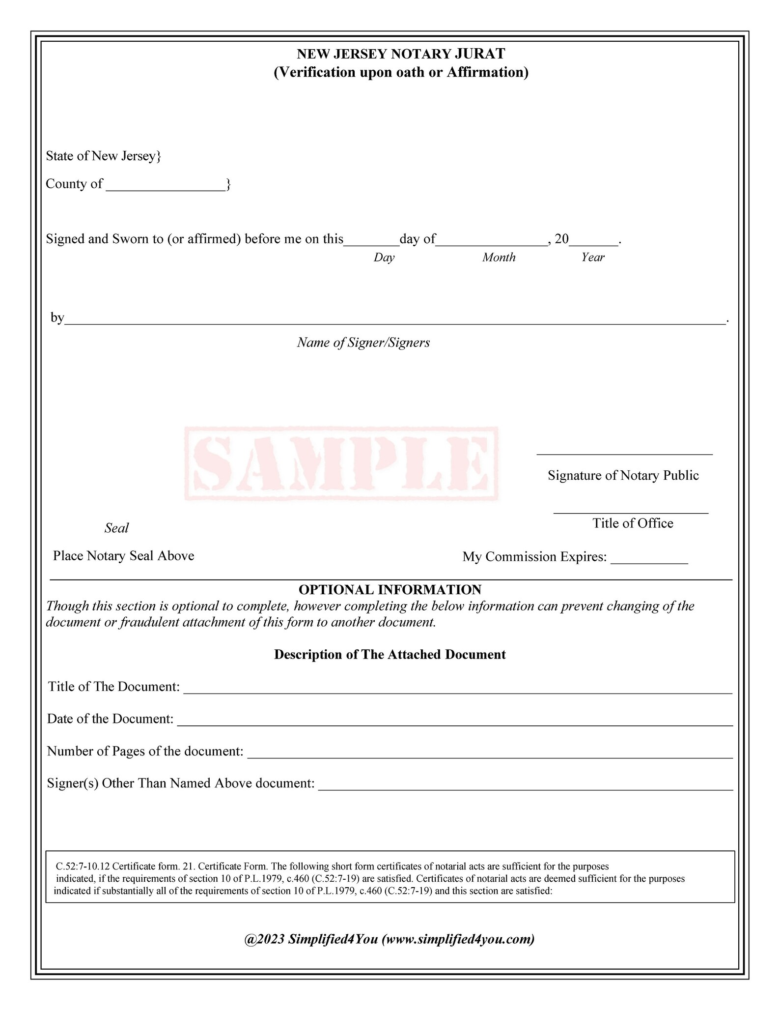 State of New Jersey-three Notary Certificates: Acknowledgment, Jurat ...