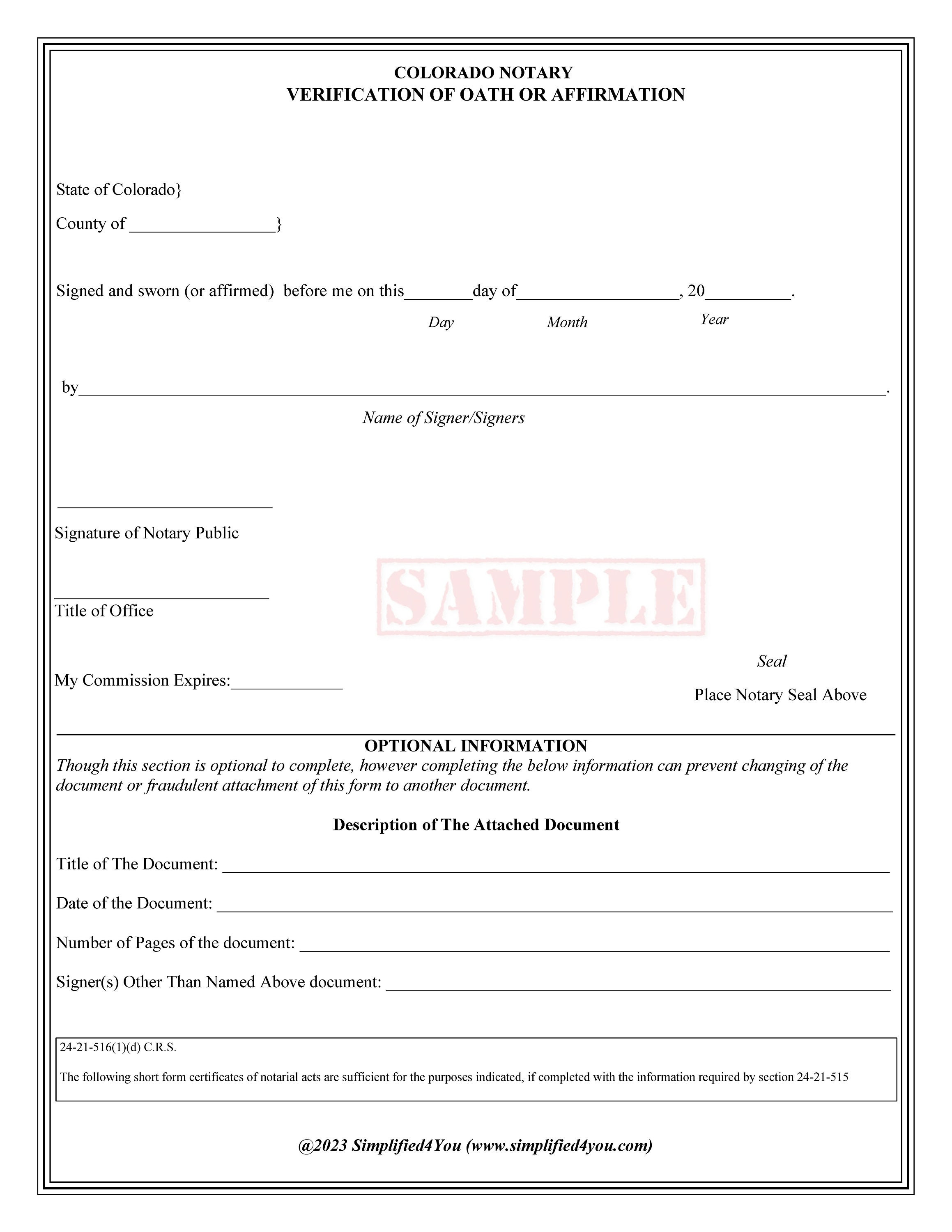 State of Colorado-three Notary Certificates: Acknowledgment, Jurat ...