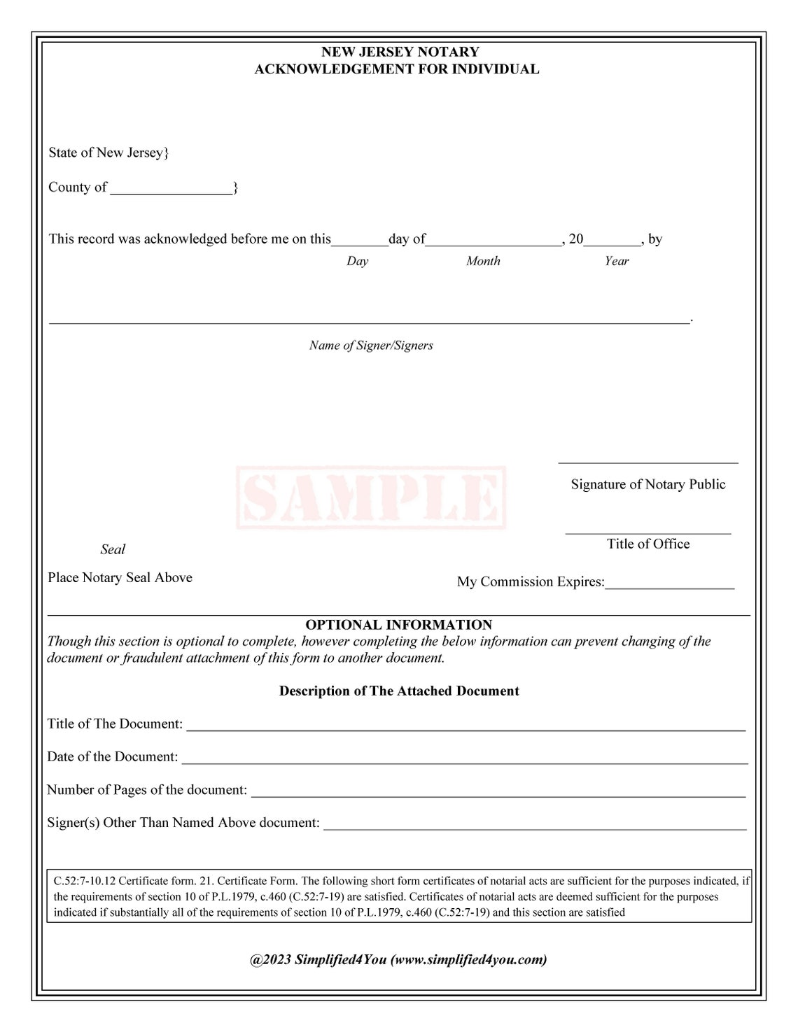 State of New Jersey-three Notary Certificates: Acknowledgment, Jurat ...