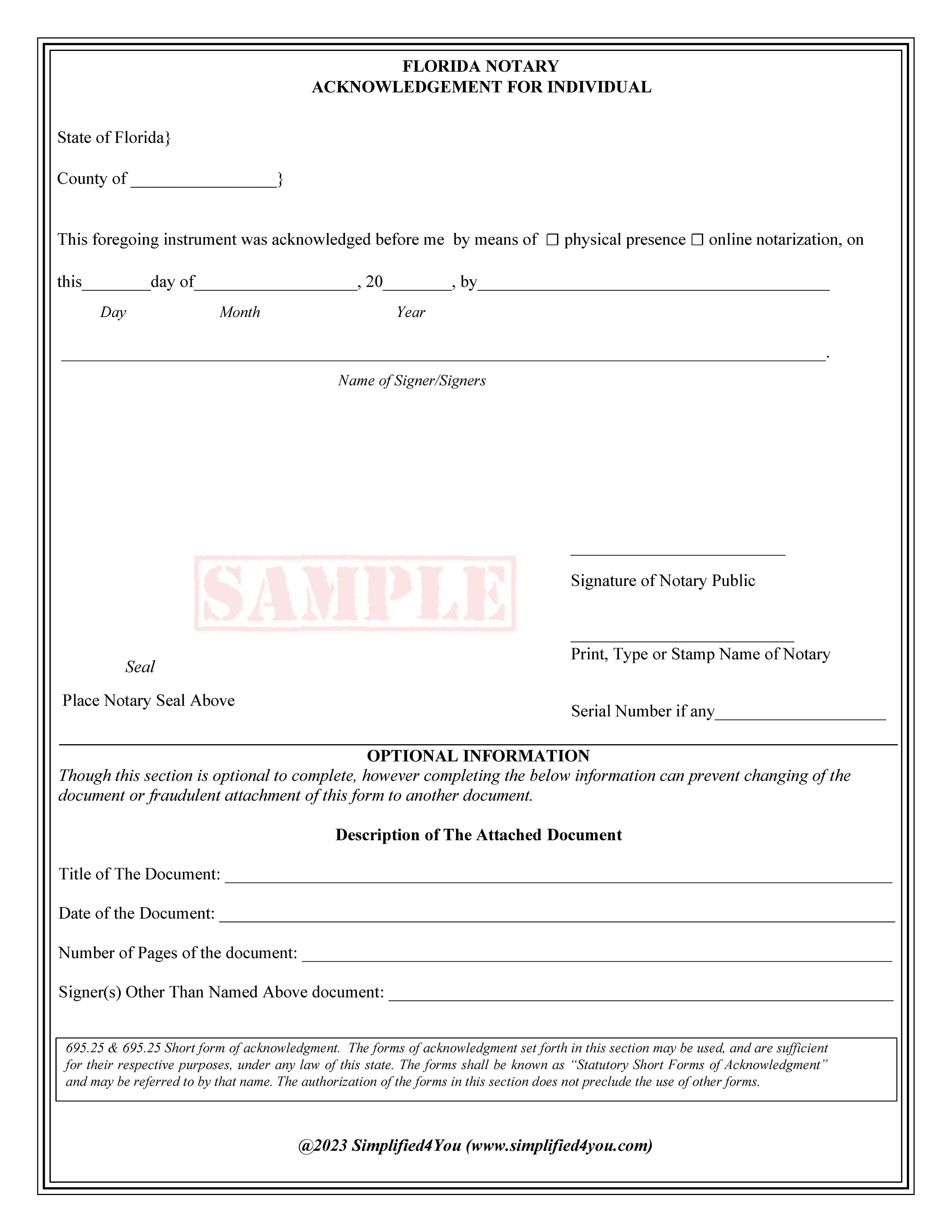 State of Florida-three Notary Certificates: Acknowledgment, Jurat ...