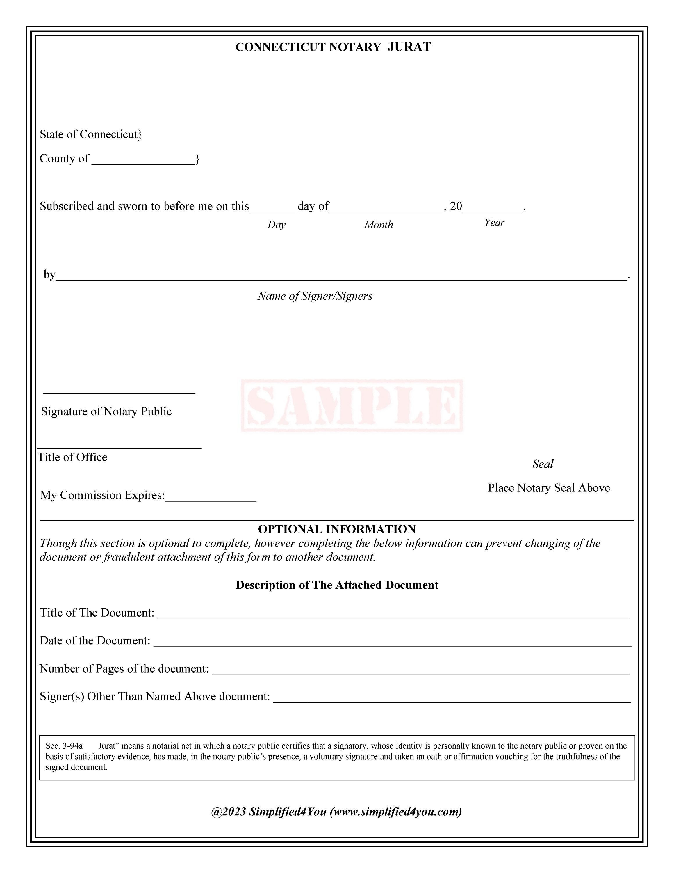 State of Connecticut-three Notary Certificates: Acknowledgment, Jurat ...