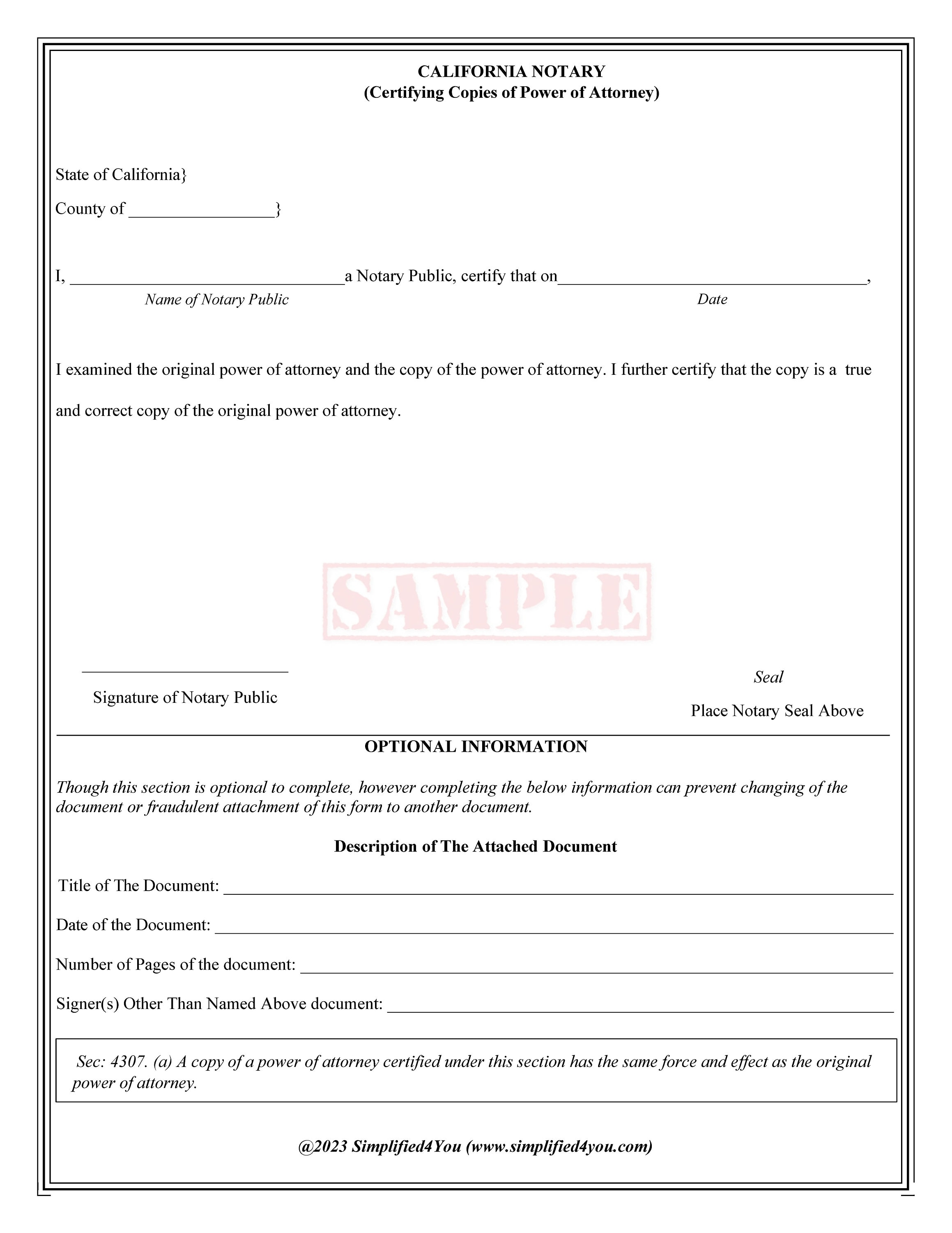 California- Five Notary Certificates: Acknowledgment, Jurat, Power of ...