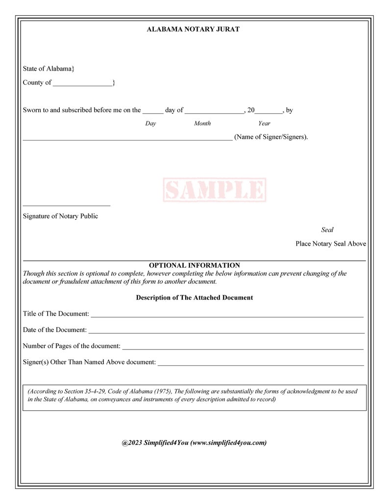 State of Alabama-three Notary Certificates: Acknowledgment, Jurat ...