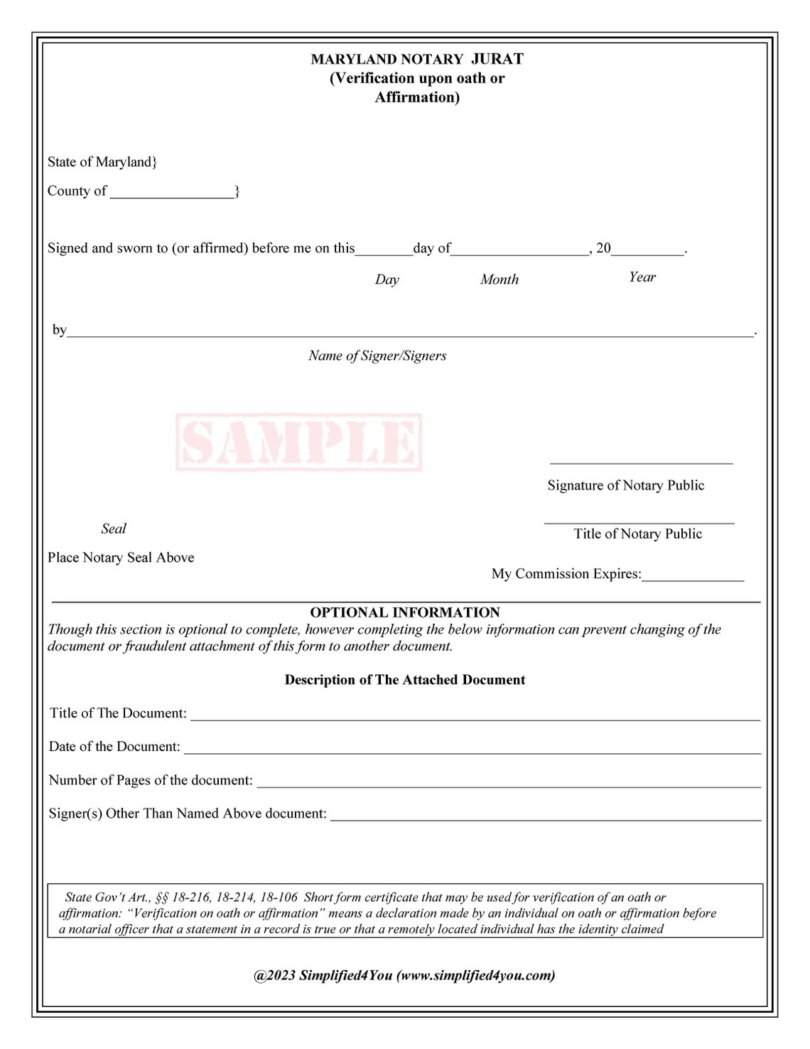 State of Maryland-three Notary Certificates: Acknowledgment, Jurat ...