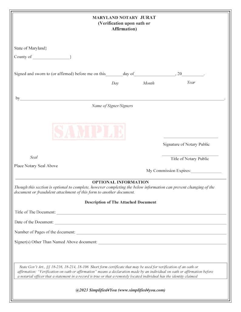 State of Maryland-three Notary Certificates: Acknowledgment, Jurat ...