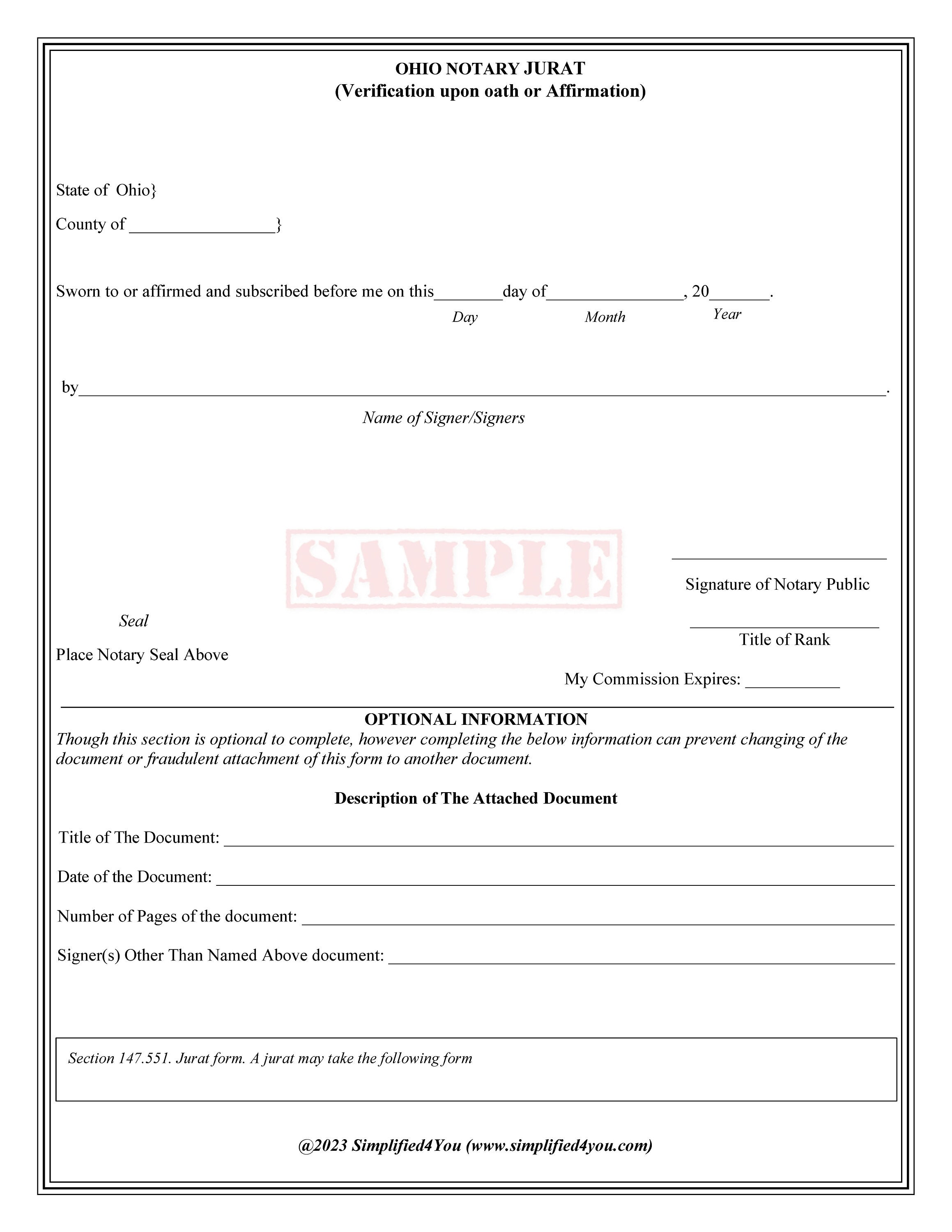 State of Ohio-three Notary Certificates: Acknowledgment, Jurat, Notary ...