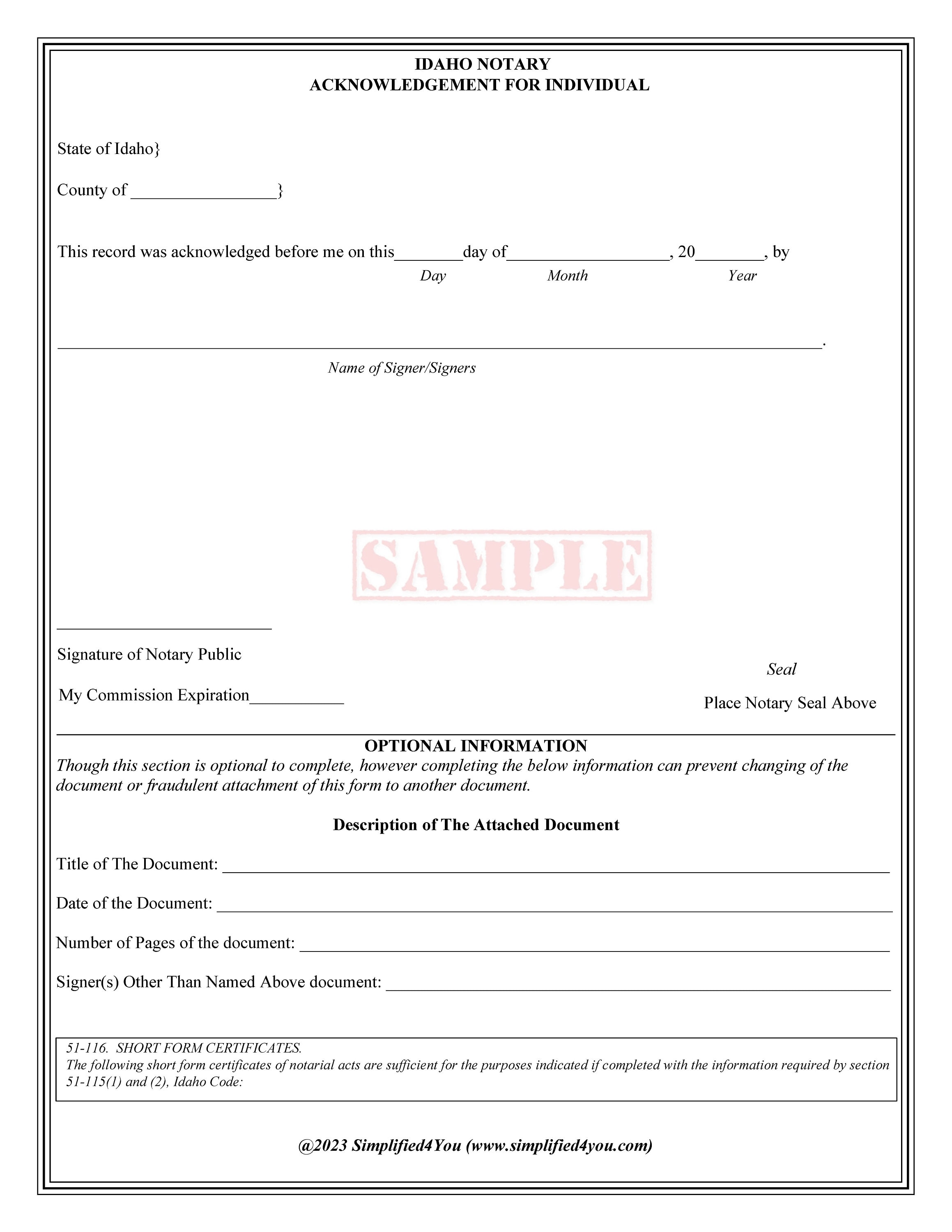 State of Idaho-three Notary Certificates: Acknowledgment, Jurat, Notary ...