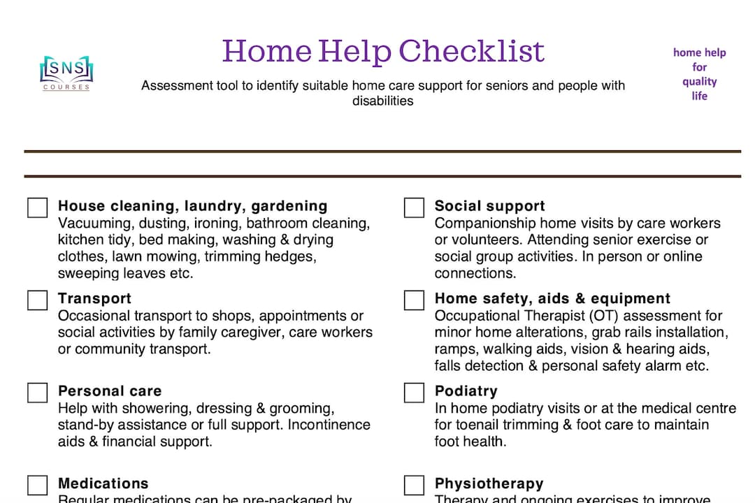 Home Help Checklist for Seniors That Can Be Used by Care Givers/service ...