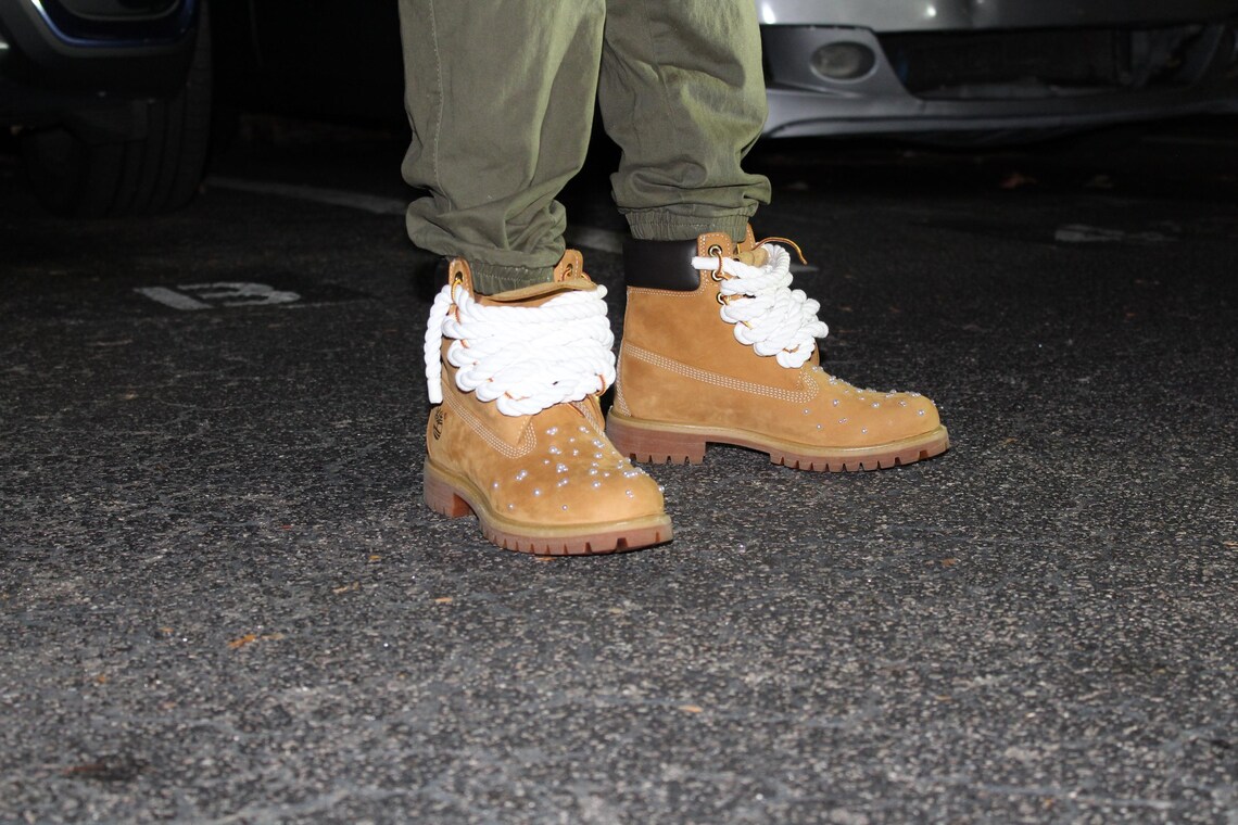 Custom Pearl Embellished Timberland Boots With Thick Rope Laces ...