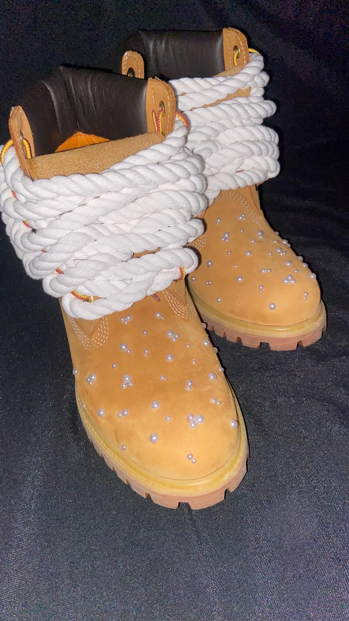 Custom Pearl Embellished Timberland Boots With Thick Rope Laces ...