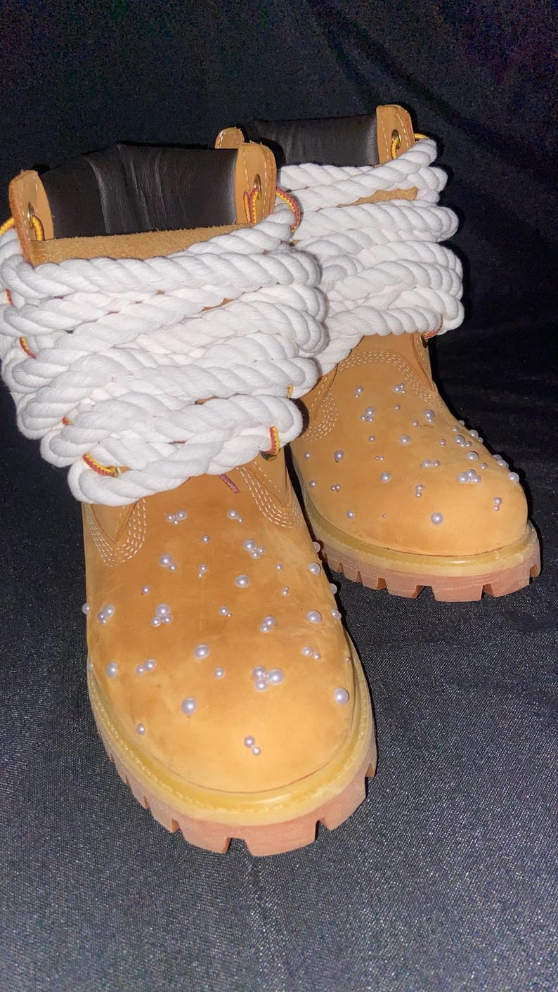 Custom Pearl Embellished Timberland Boots With Thick Rope Laces ...