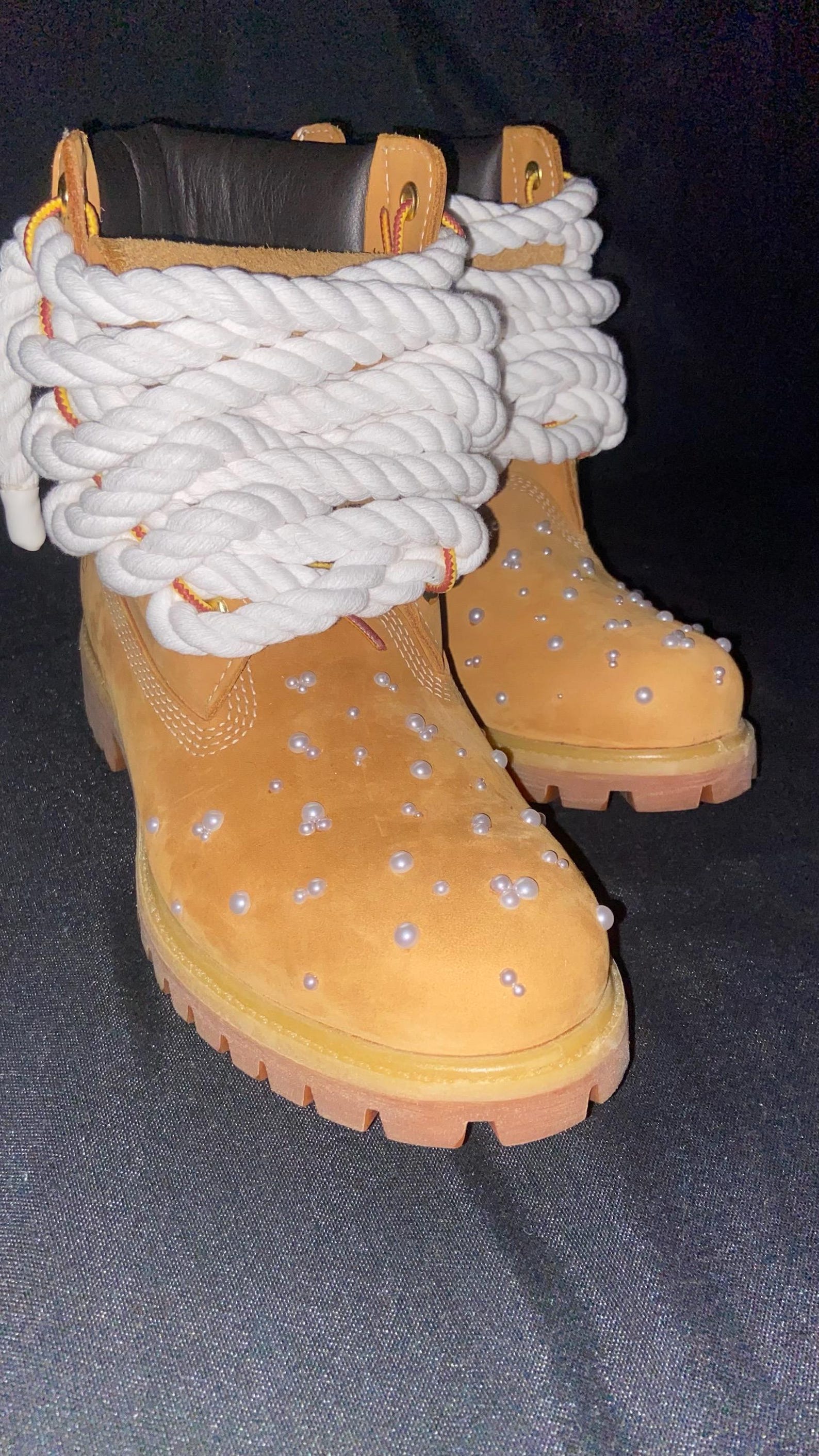 Custom Pearl Embellished Timberland Boots With Thick Rope Laces ...