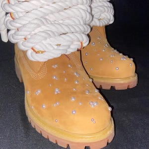 Custom Pearl Embellished Timberland Boots With Thick Rope Laces ...