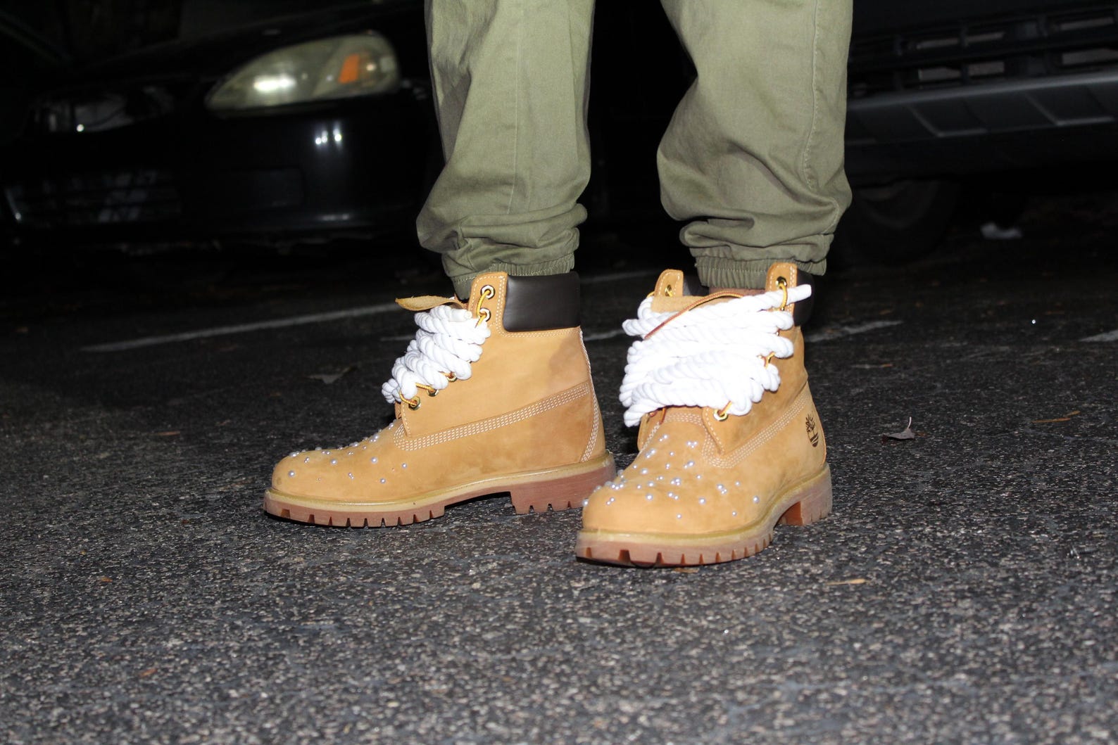 Custom Pearl Embellished Timberland Boots With Thick Rope Laces ...
