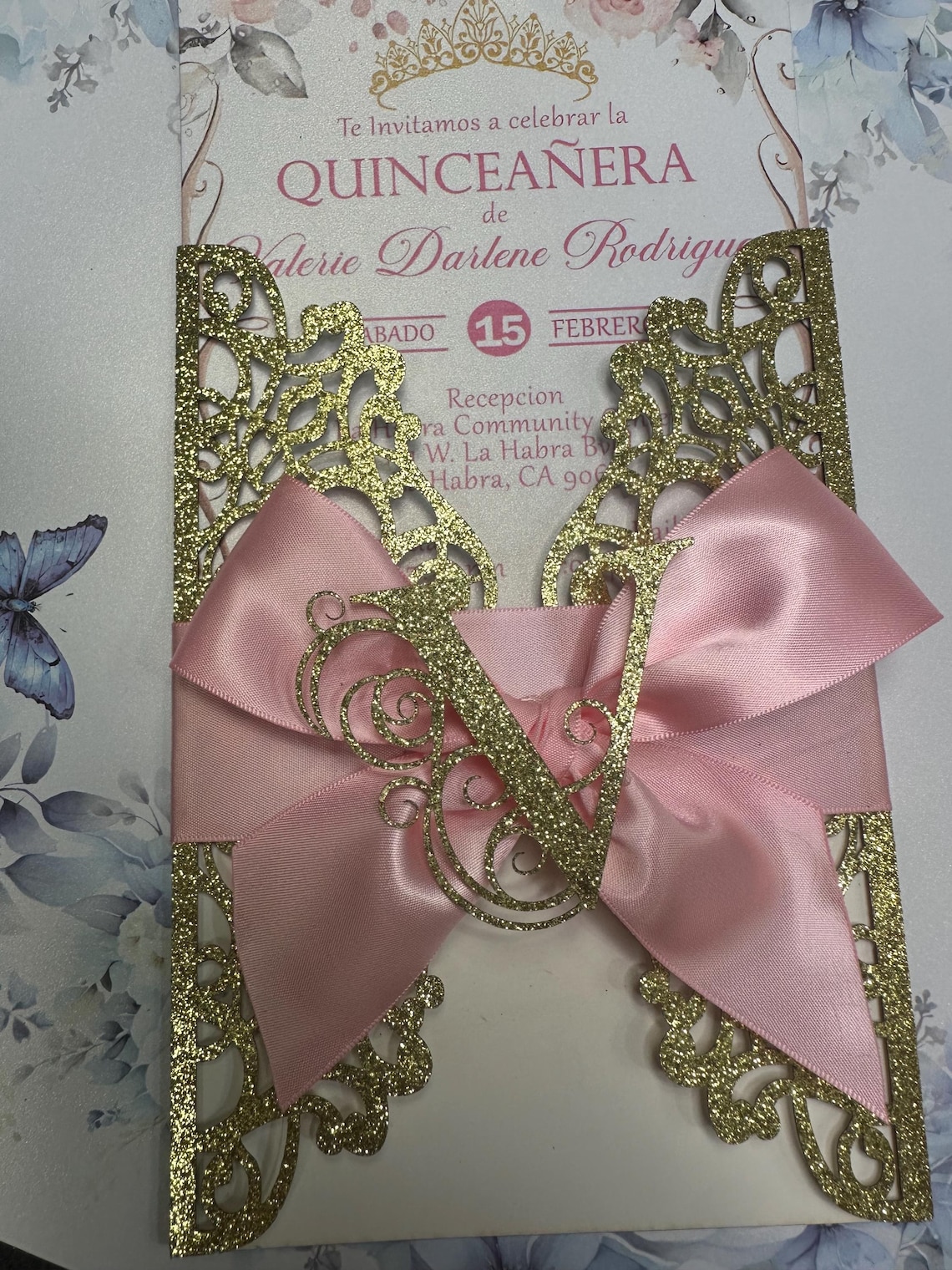 Gold Glitter Quinceanera Invitation, Pink Ribbon Invitation ...