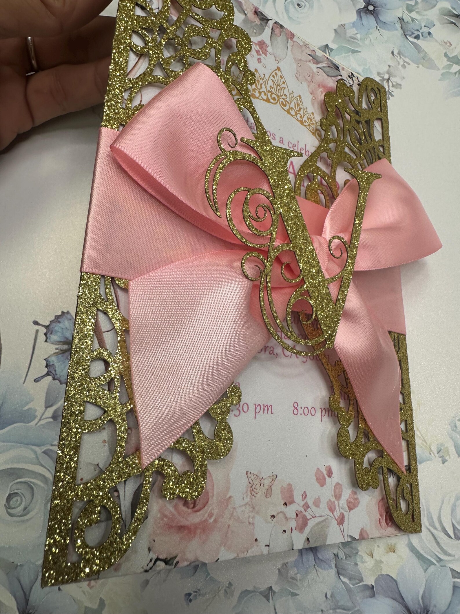 Gold Glitter Quinceanera Invitation, Pink Ribbon Invitation ...