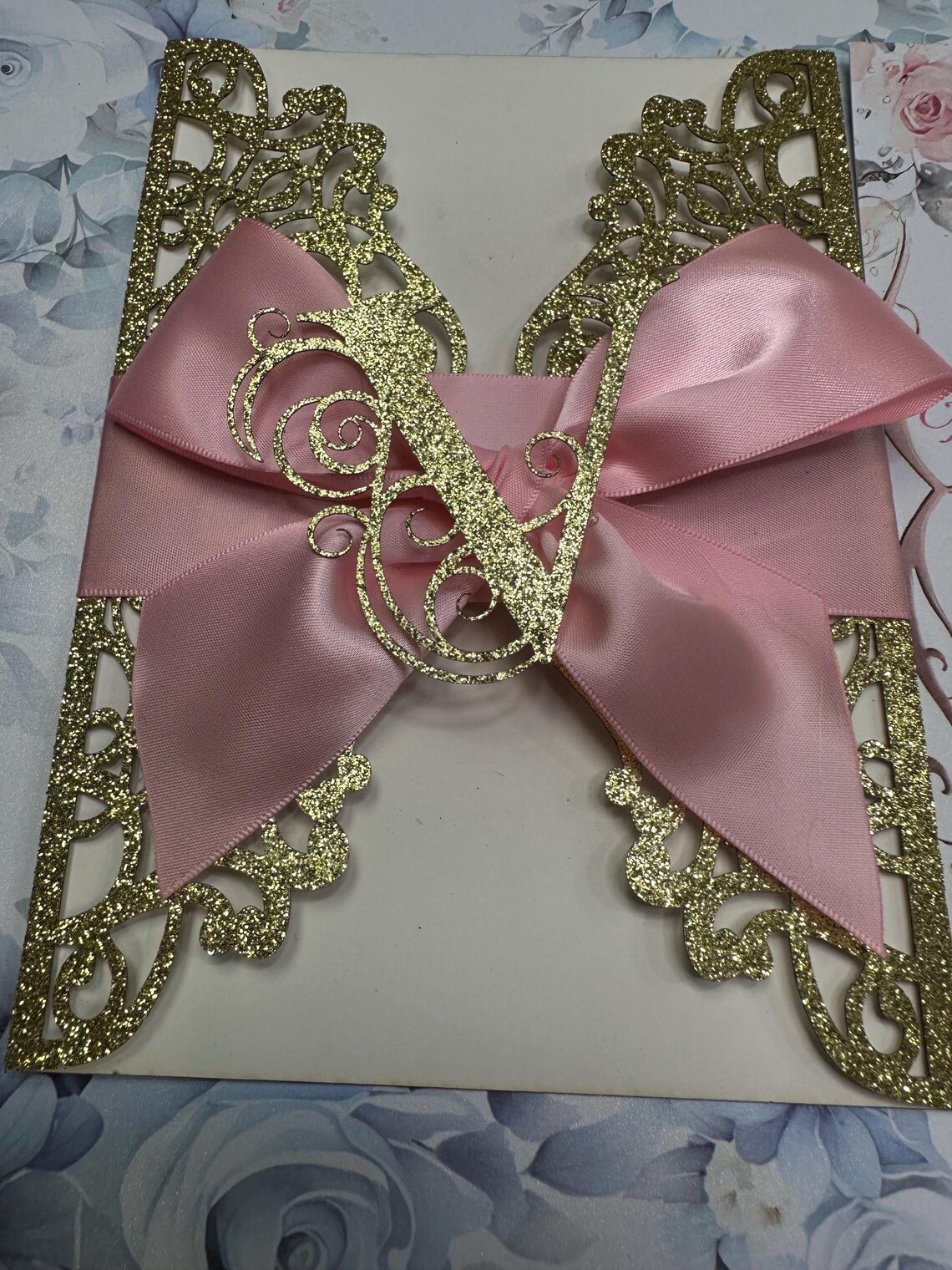 Gold Glitter Quinceanera Invitation, Pink Ribbon Invitation ...