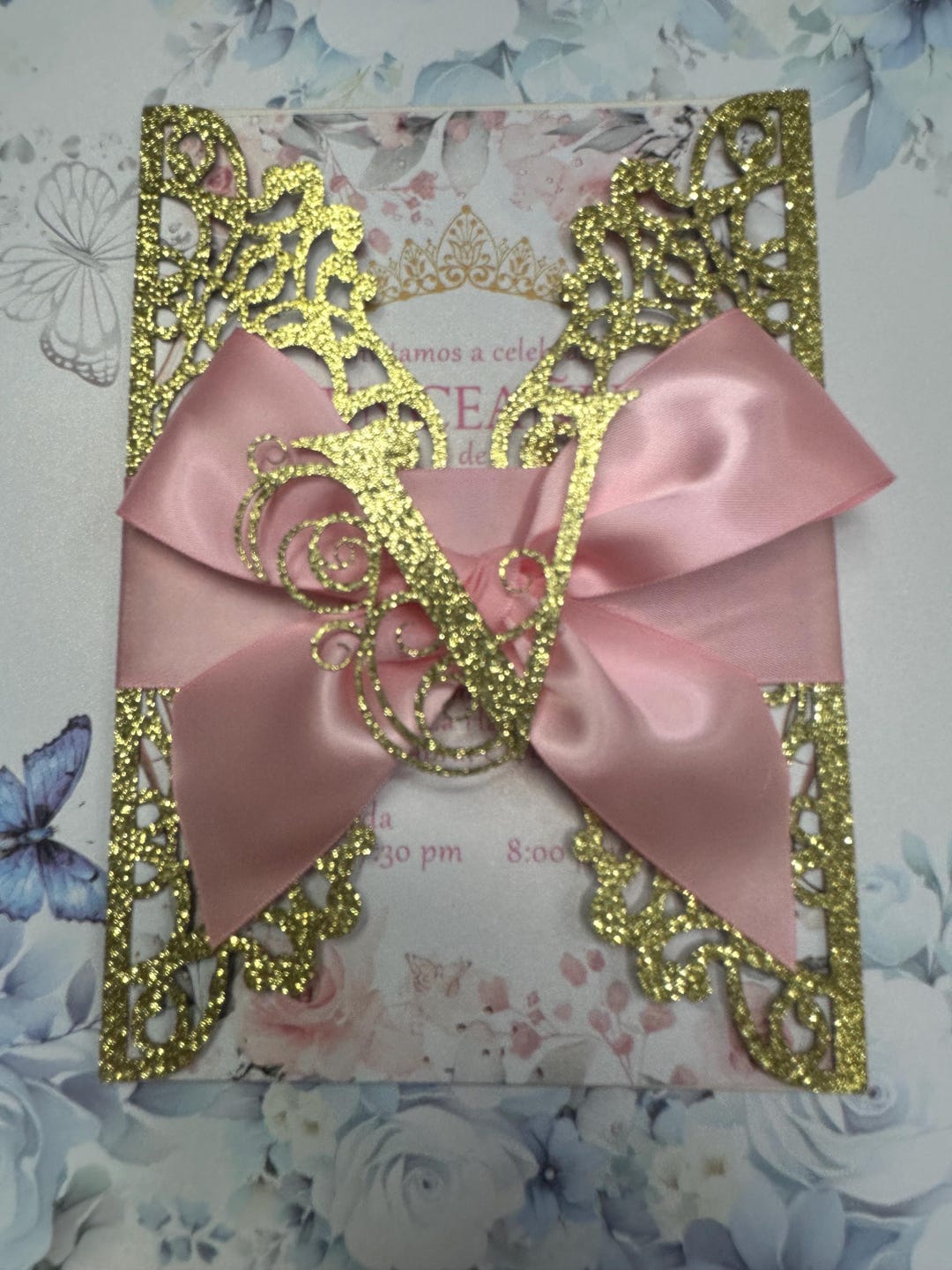 Gold Glitter Quinceanera Invitation, Pink Ribbon Invitation ...
