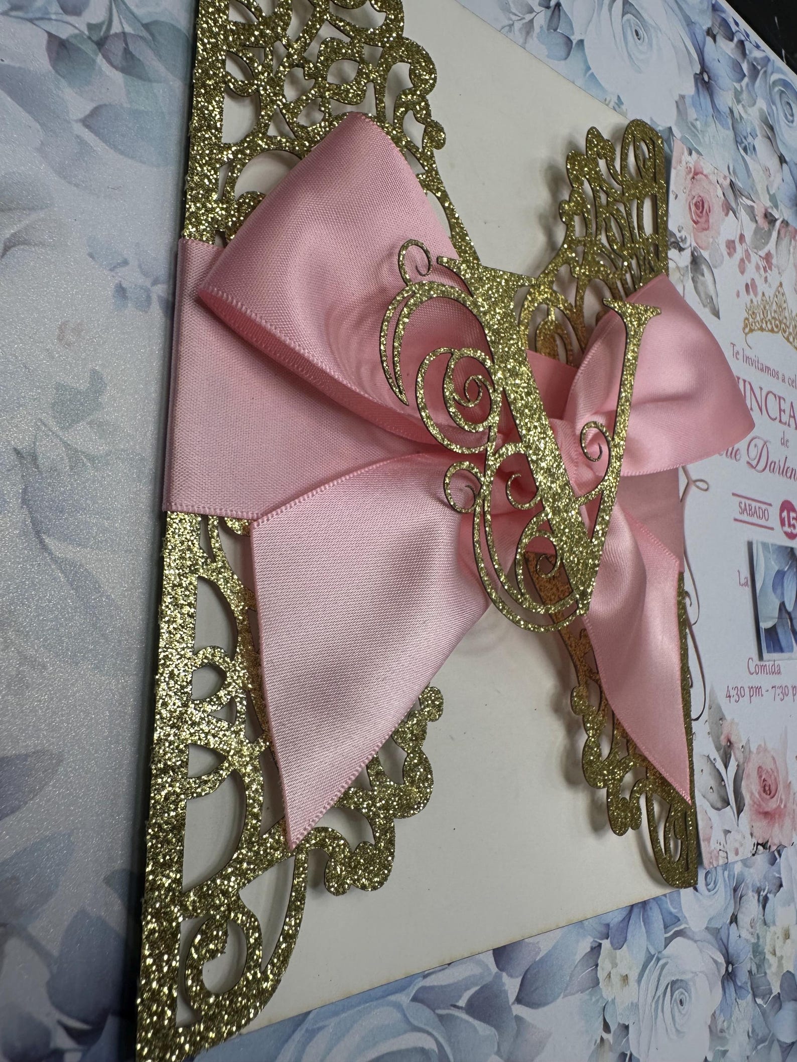 Gold Glitter Quinceanera Invitation, Pink Ribbon Invitation ...