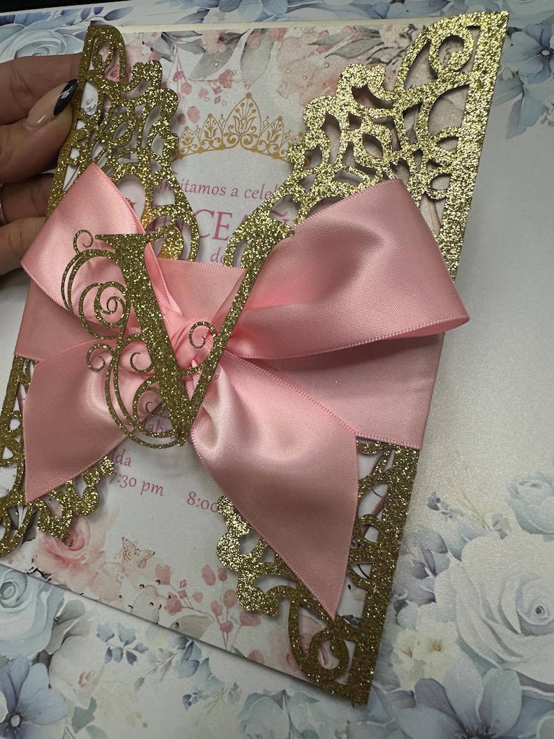 Gold Glitter Quinceanera Invitation, Pink Ribbon Invitation ...