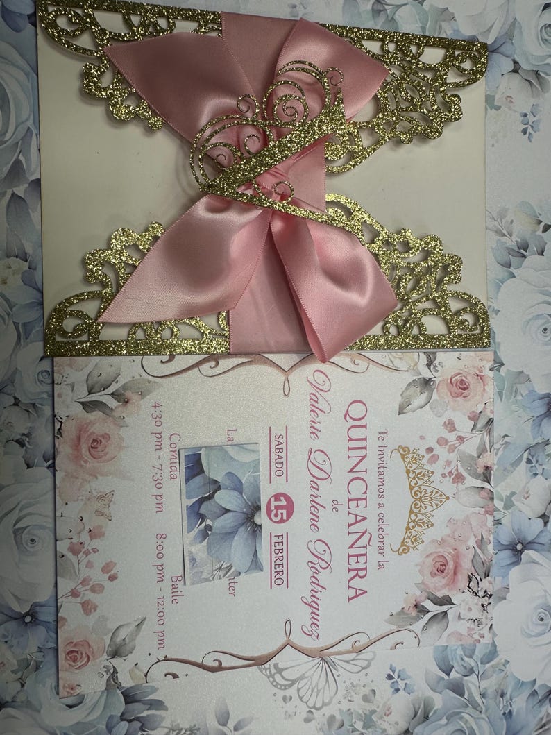 Gold Glitter Quinceanera Invitation, Pink Ribbon Invitation ...