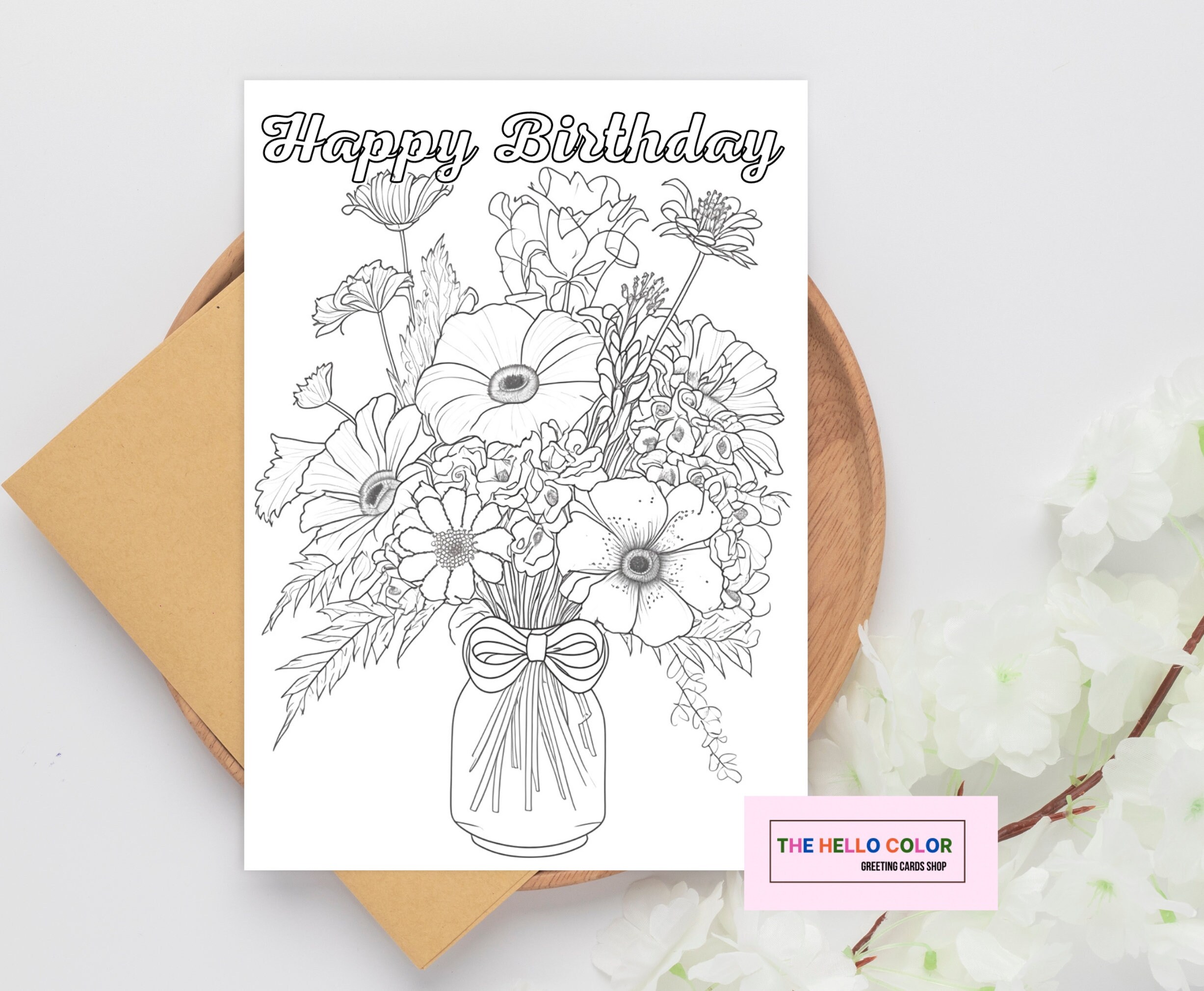 Happy Birthday Coloring Card, Mandala Coloring, Flower Bouquet Coloring ...