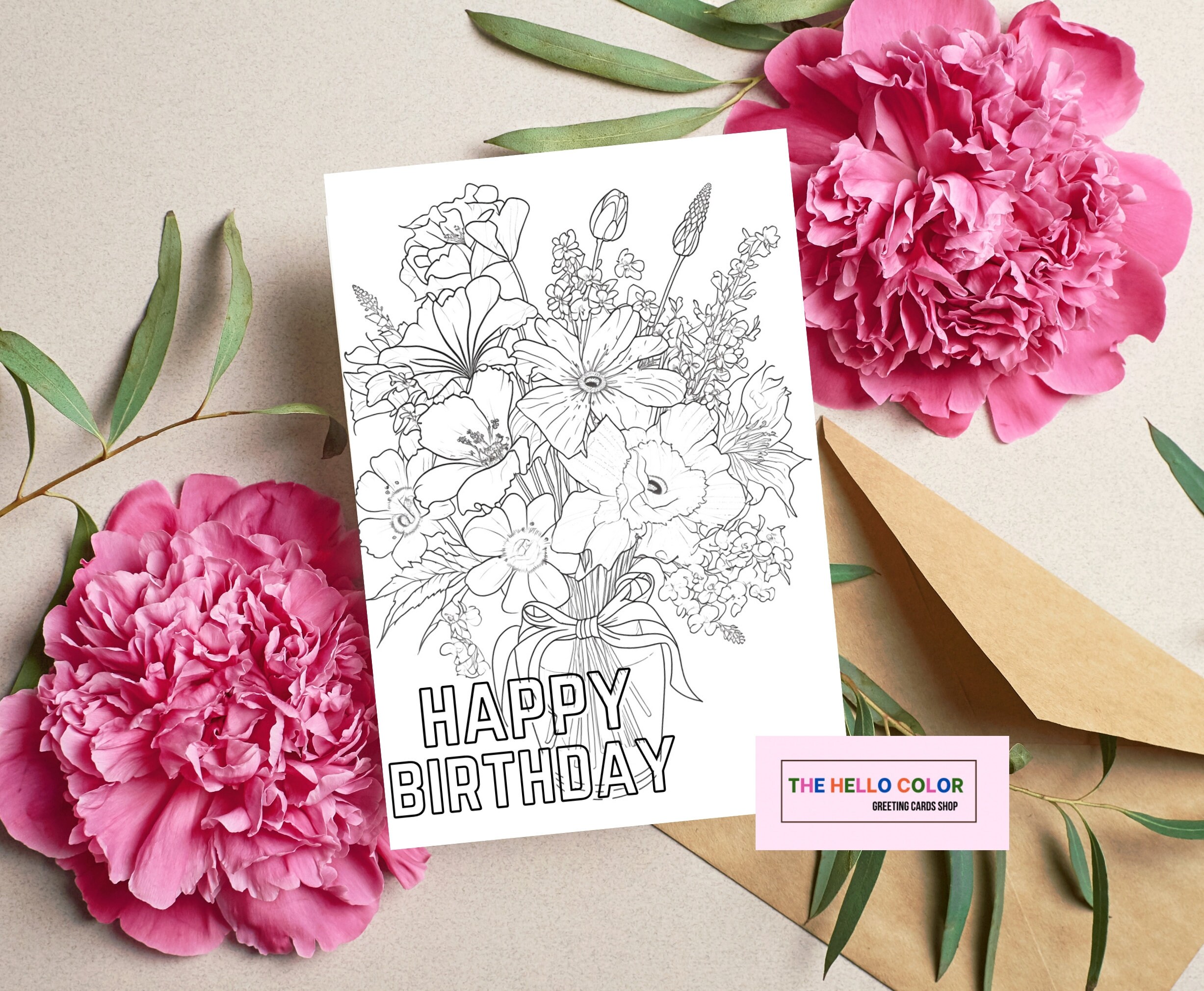 Happy Birthday Coloring Card, Mandala Coloring, Flower Bouquet Coloring ...