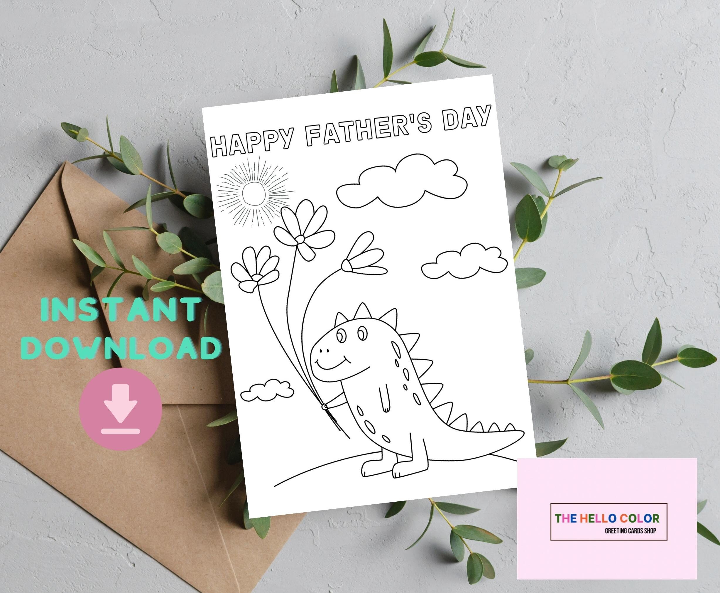 Printable Father's Day Coloring Card Dinosaur Greeting Card Gift for ...
