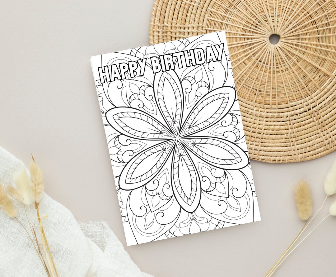 Mandala Coloring Flower Happy Birthday Card, Floral Coloring Card ...