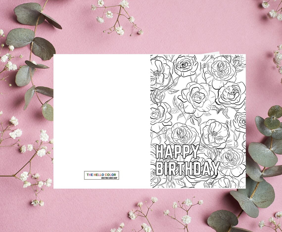 Roses Coloring Card, Happy Birthday Coloring Card, Floral Coloring Card ...