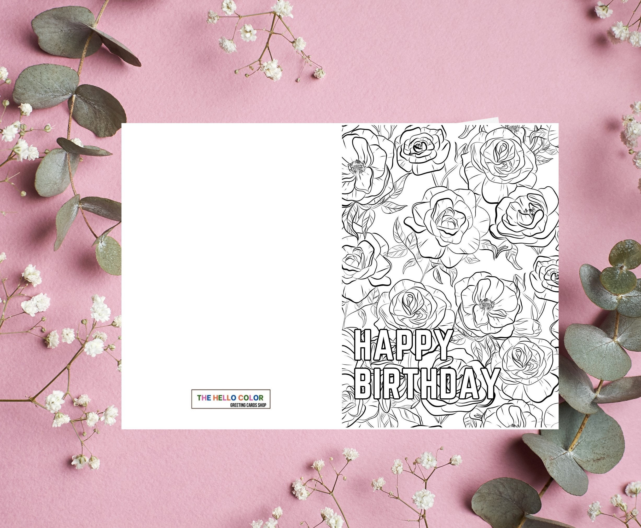 Roses Coloring Card, Happy Birthday Coloring Card, Floral Coloring Card ...