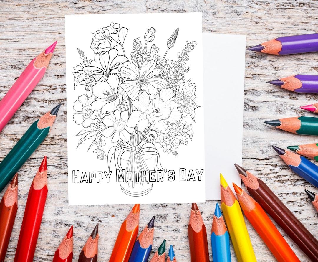 Mother's Day Coloring Cards Flower Bouquet for Mom, Gift for Mom ...
