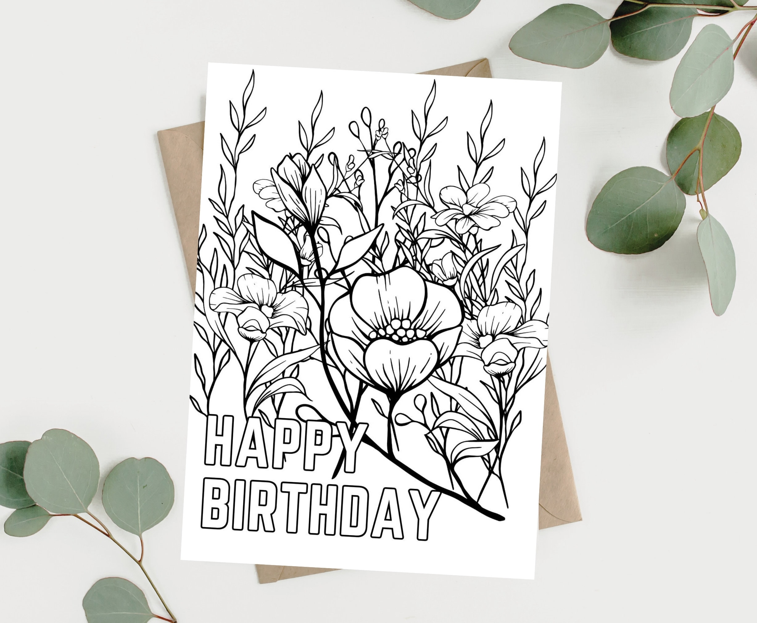 Happy Birthday Coloring Card, Mandala Coloring, Flower Bouquet Coloring ...