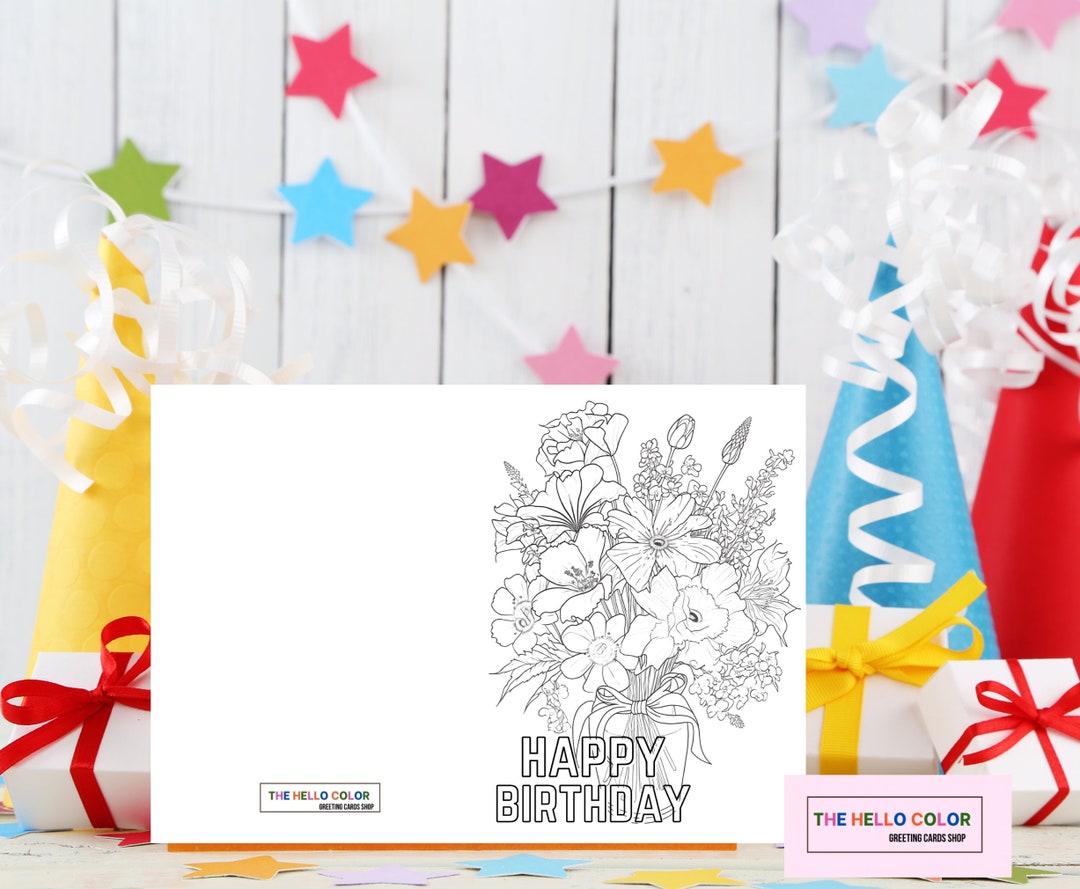 Happy Birthday Coloring Card, Flower Bouquet Cards, Gift for Her, Gif ...
