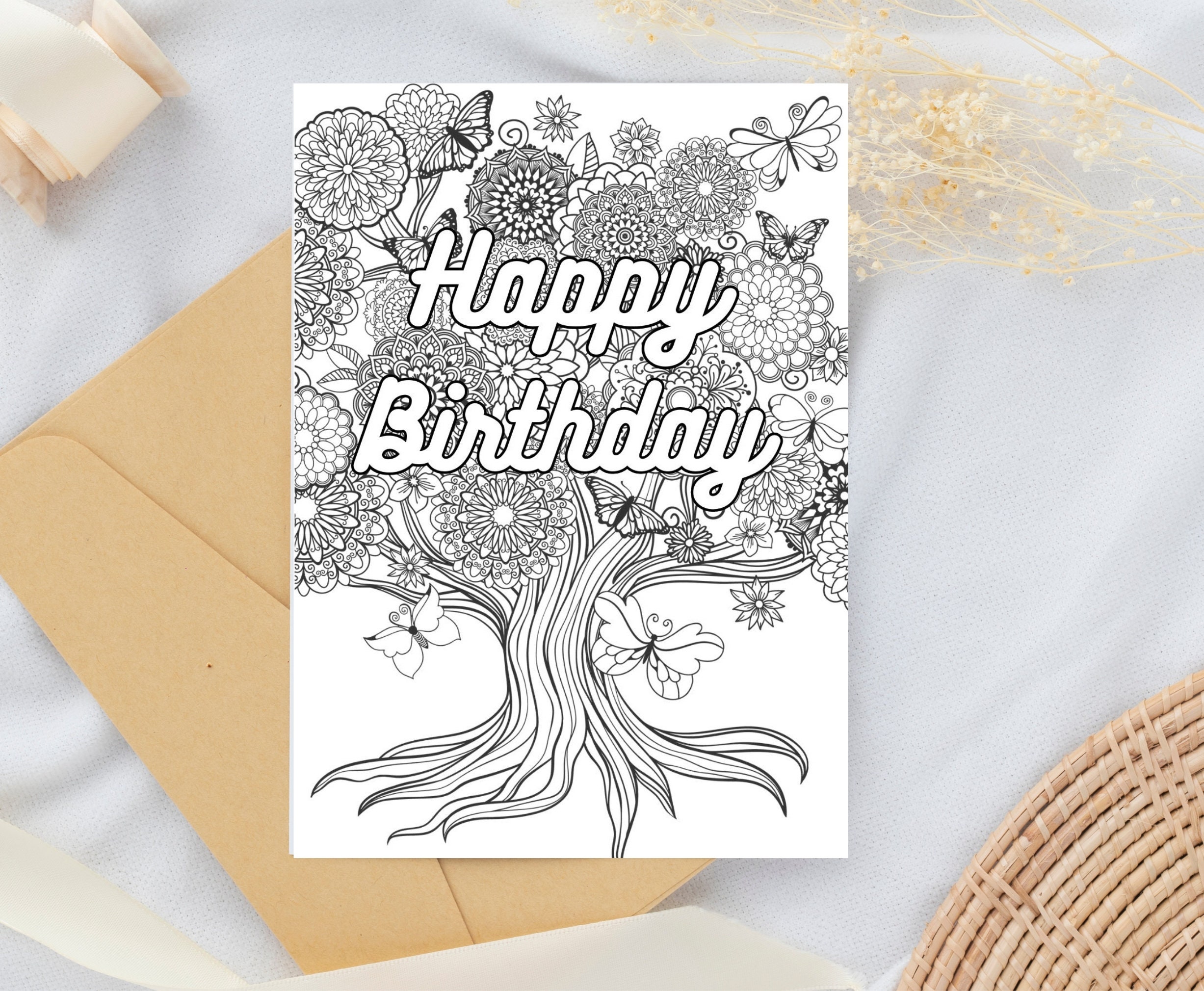 Mandala Coloring Happy Birthday Card, Tree Coloring Card, Mandala Tree ...