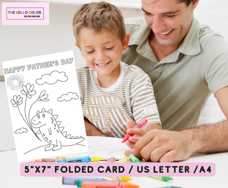 Printable Father's Day Coloring Card Dinosaur Greeting Card Gift for ...