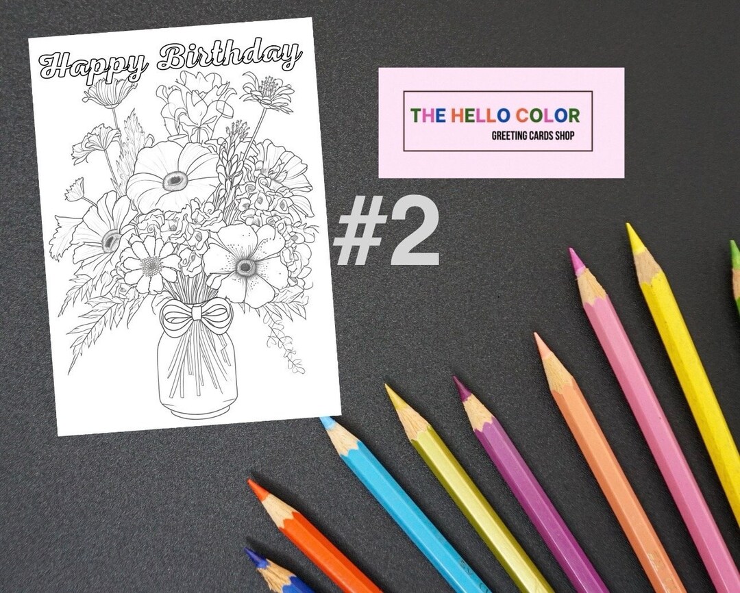 Happy Birthday Coloring Card, Flower Bouquet, Gift for Her, Gif for Him ...