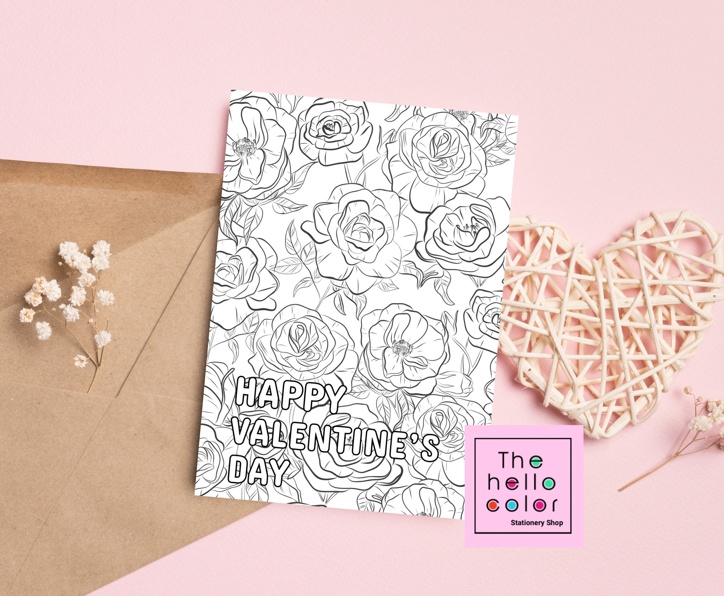 Valentine Coloring Card, Roses Coloring Card, Coloring Cards for Adults ...