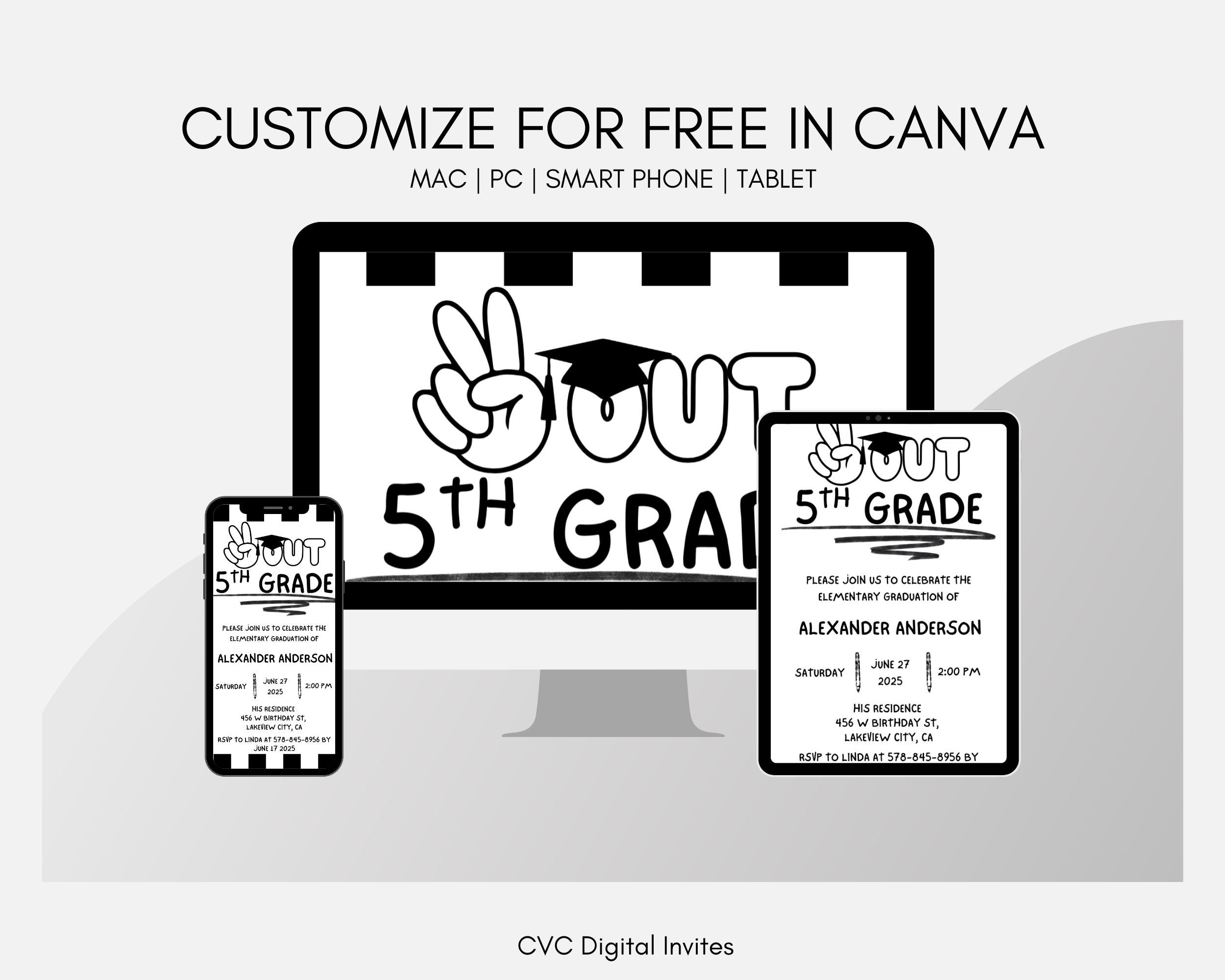 Editable 5th Grade Graduation Invite, Peace Out Graduation Invite for ...