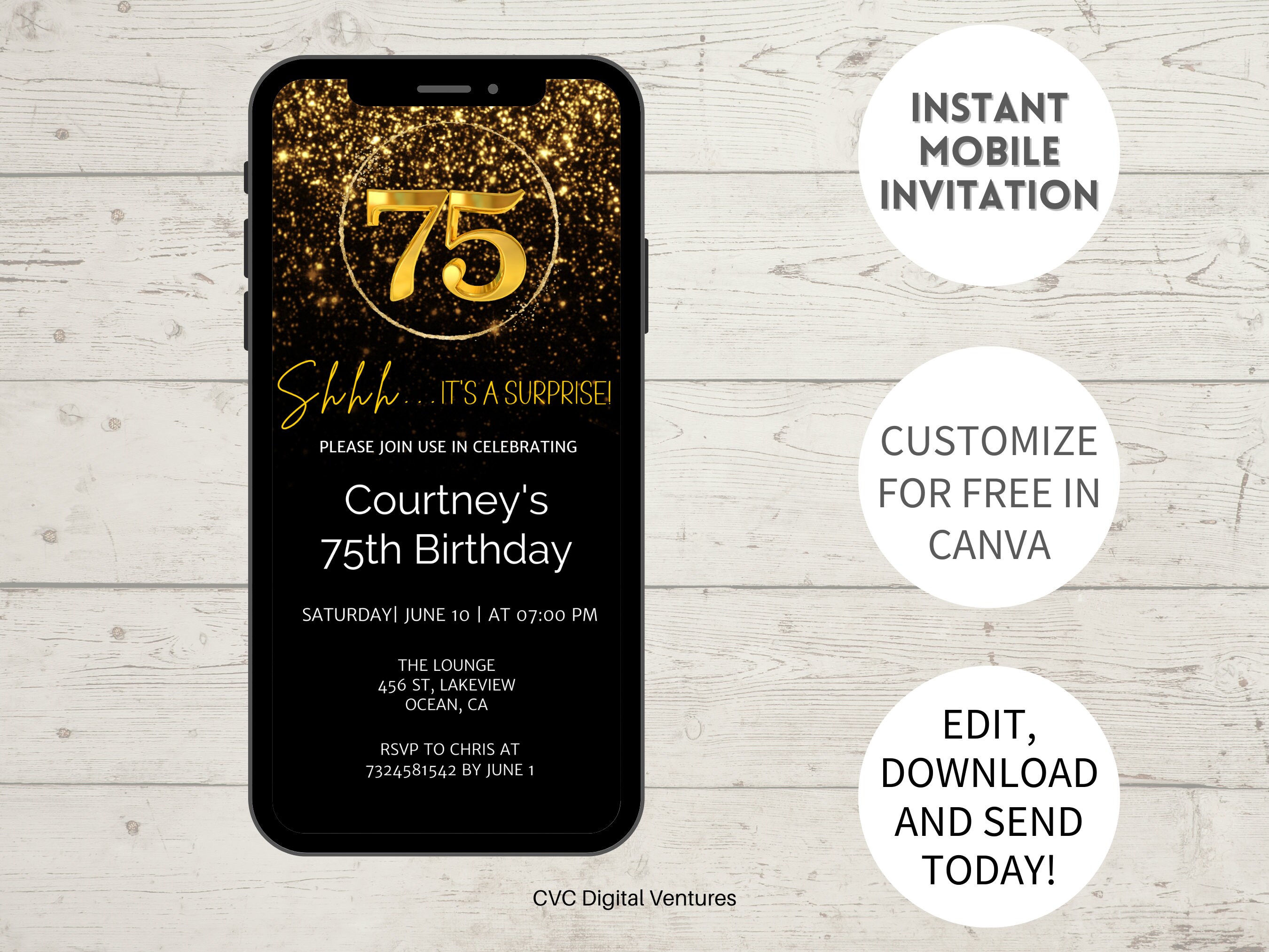 75th Birthday Invitation Editable, 75th Surprise Birthday Invitations ...